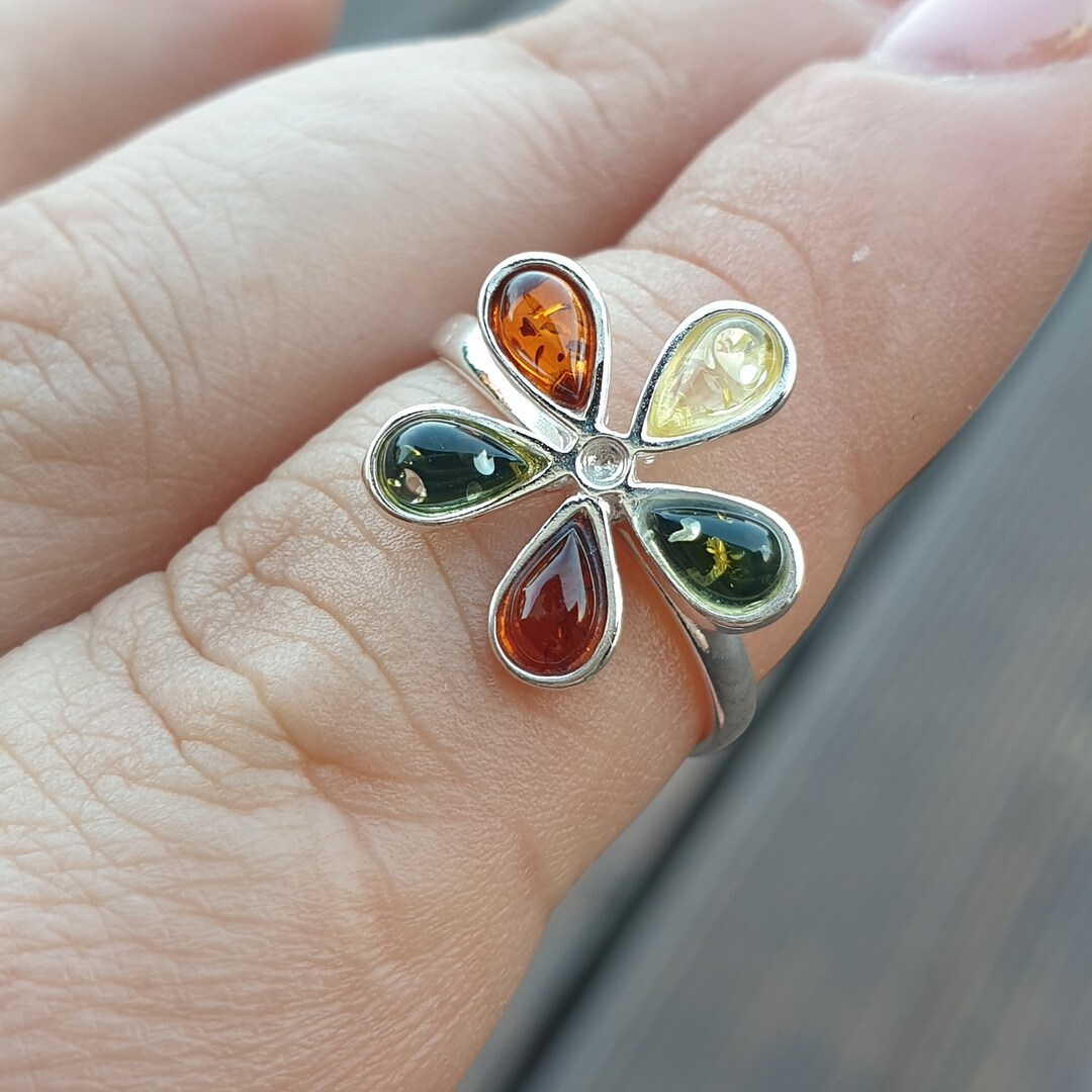 Multi Color Flower Amber Ring, Adjustable Sterling Silver Ring ...