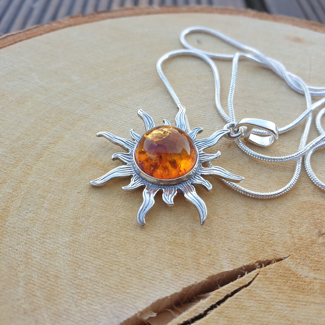 Flaming Sun Pendant, Brown Amber Pendant, Real Gemstone Cabochon, Sun ...