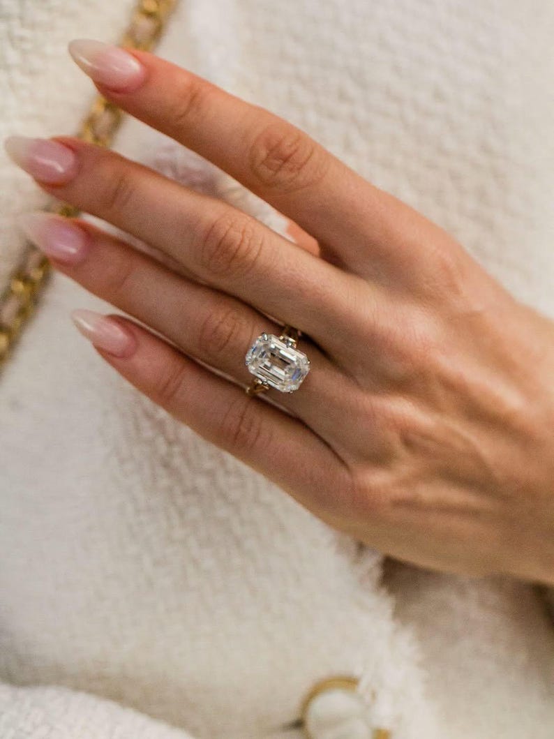 8.5 Carat Old Mine Emerald Cut Moissanite Ring Two Tone 14K Yellow Gold ...