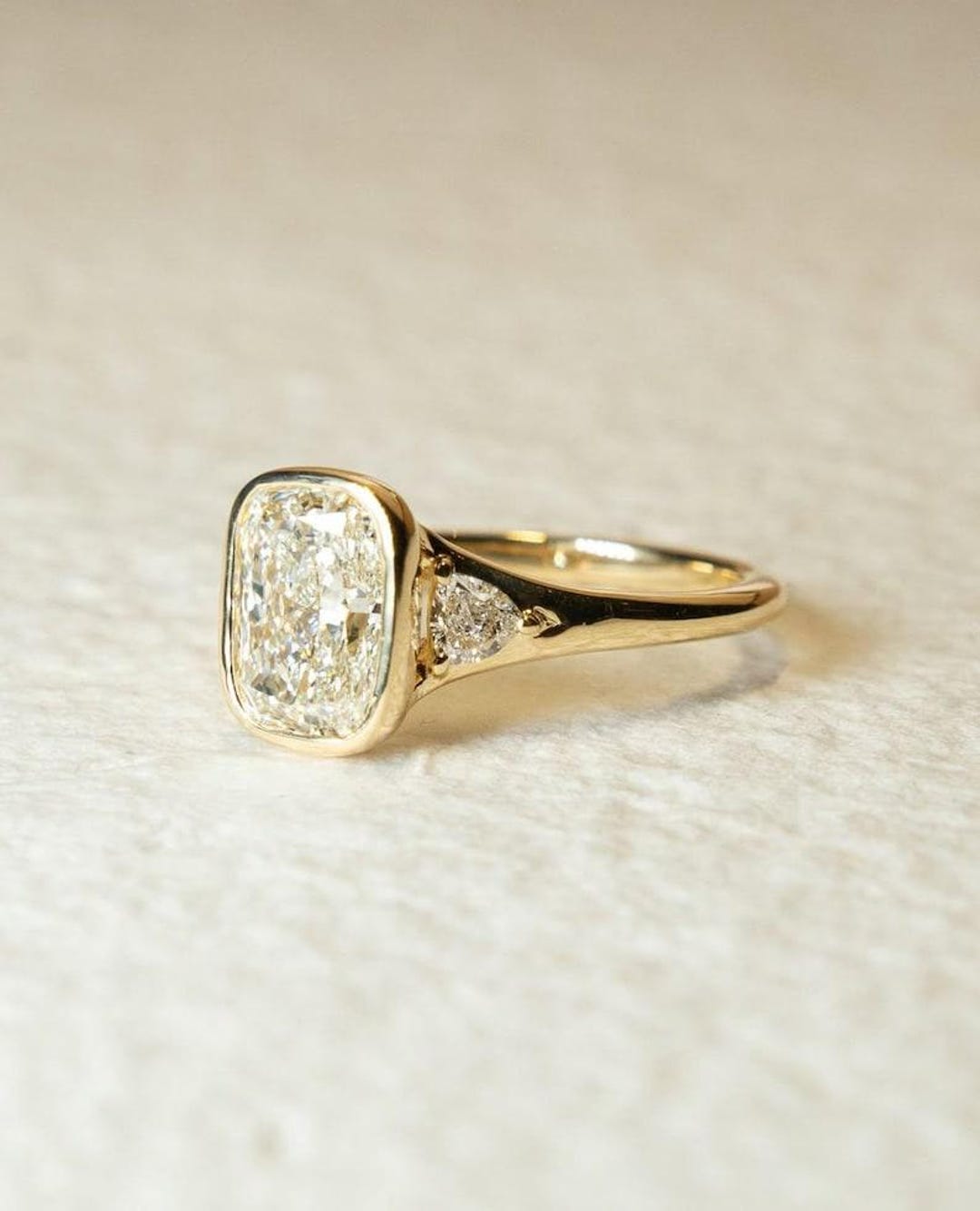 Elongated Cushion Moissanite Diamond Bezel Set, Three Stone Ring Pear ...