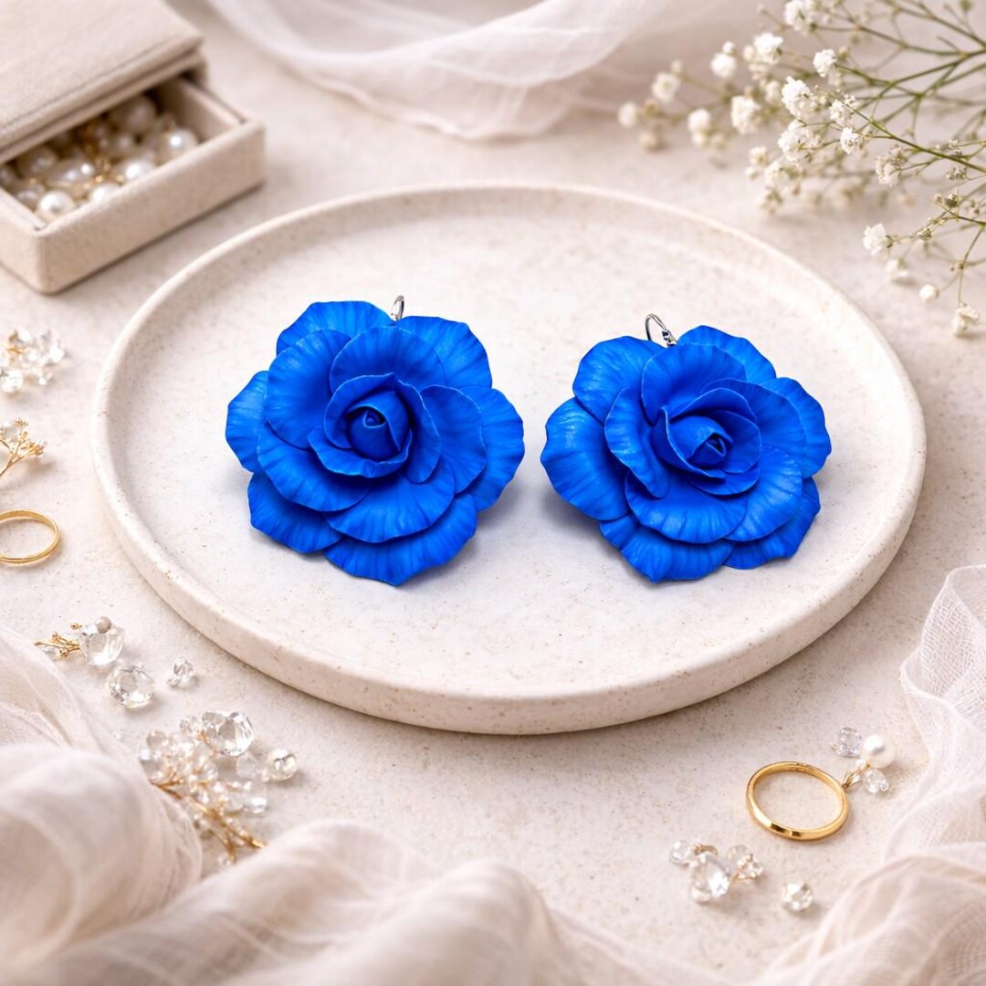 Blue Rose Earrings Polymer Clay Art Deco Floral Statement Jewelry Large ...
