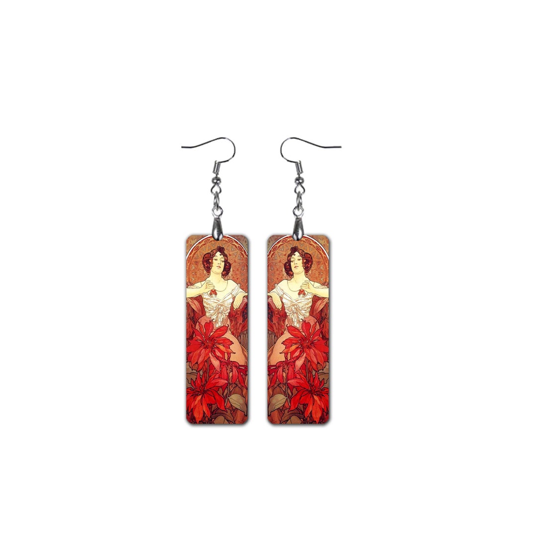 Ruby by Alphonse Mucha Art Earrings Red Art Nouveau Dangle Earrings ...