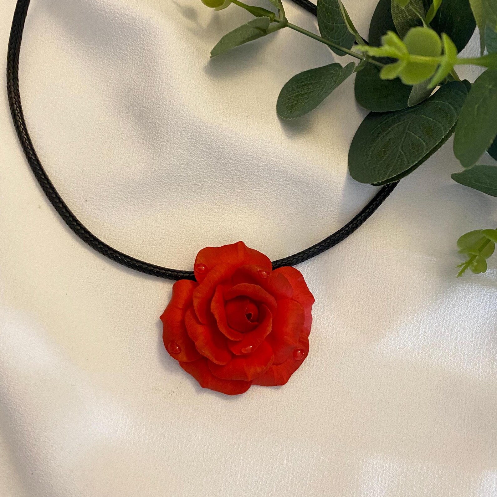 Realistic Red Rose Pendant, Handmade Polymer Clay Floral Necklace ...
