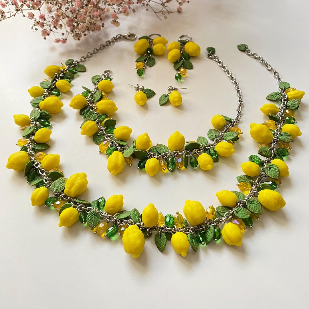Lemon Jewelry Set Polymer Clay Necklace Bracelet Earrings Summer Fruit ...