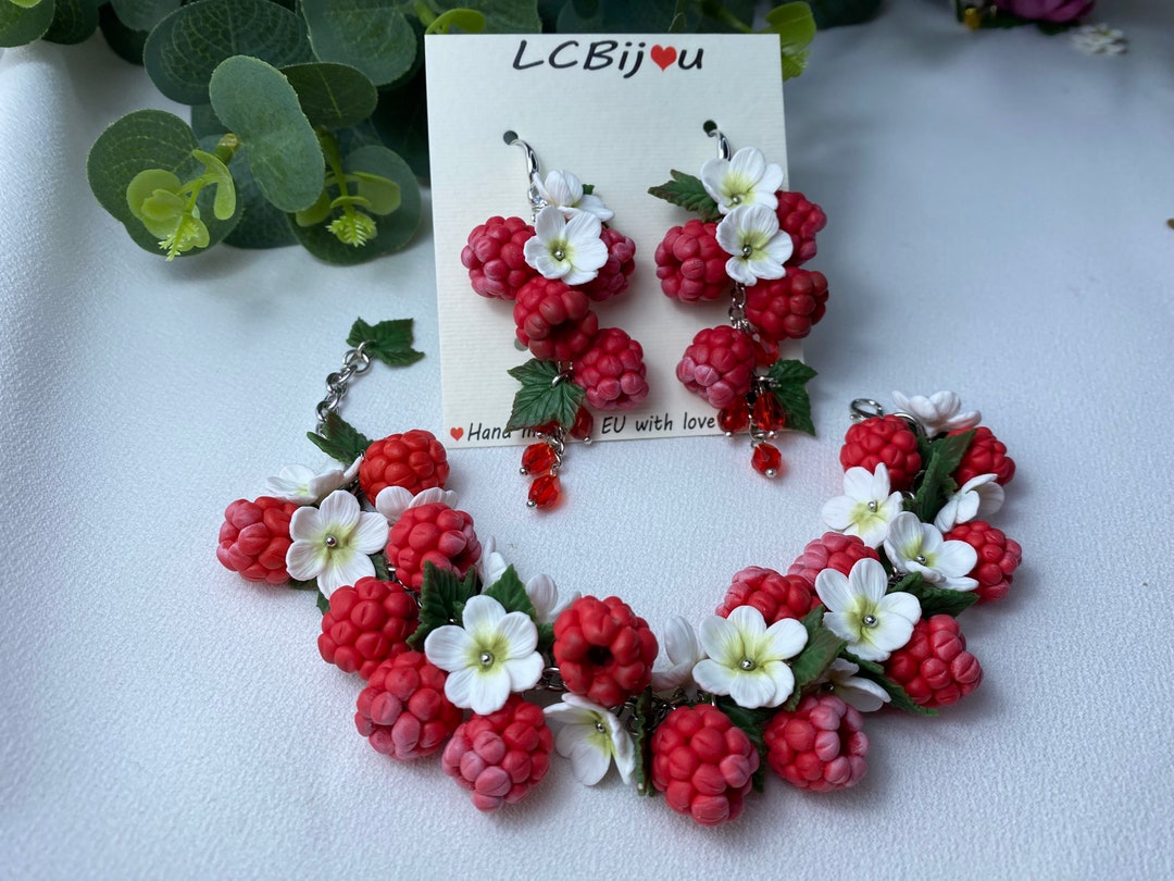 Berry Jewelry Set Blossom Raspberry Bracelet and Earrings Berry ...