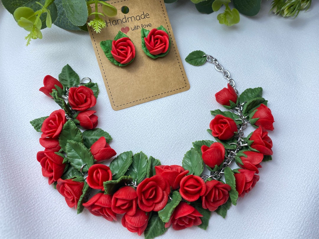 Red Roses Jewelry Set Flower Set Earring Studs and Bracelet Handmade ...