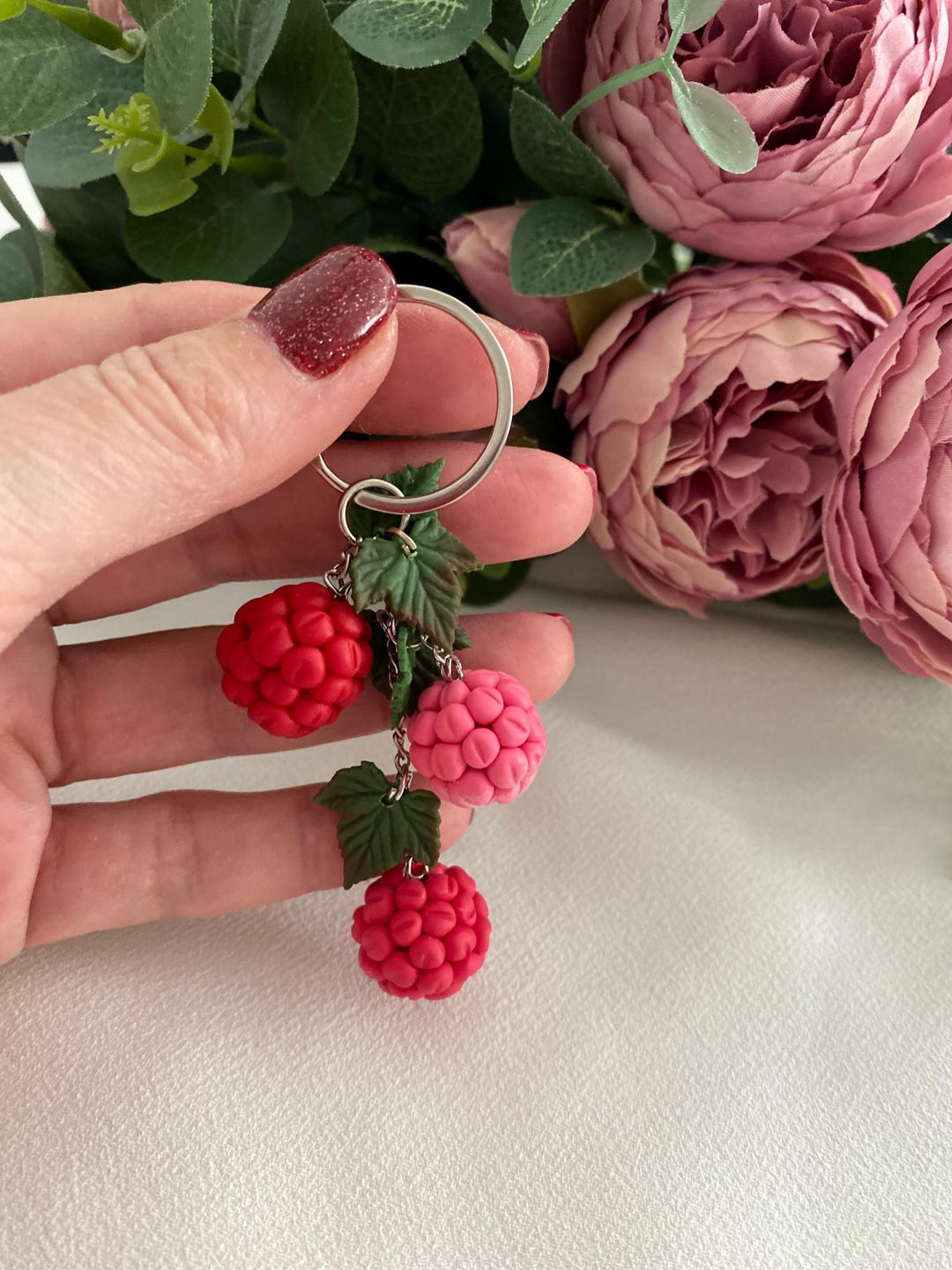 Pink Raspberry Keychain, Realistic Handmade Fruit Keyring, Polymer Clay ...