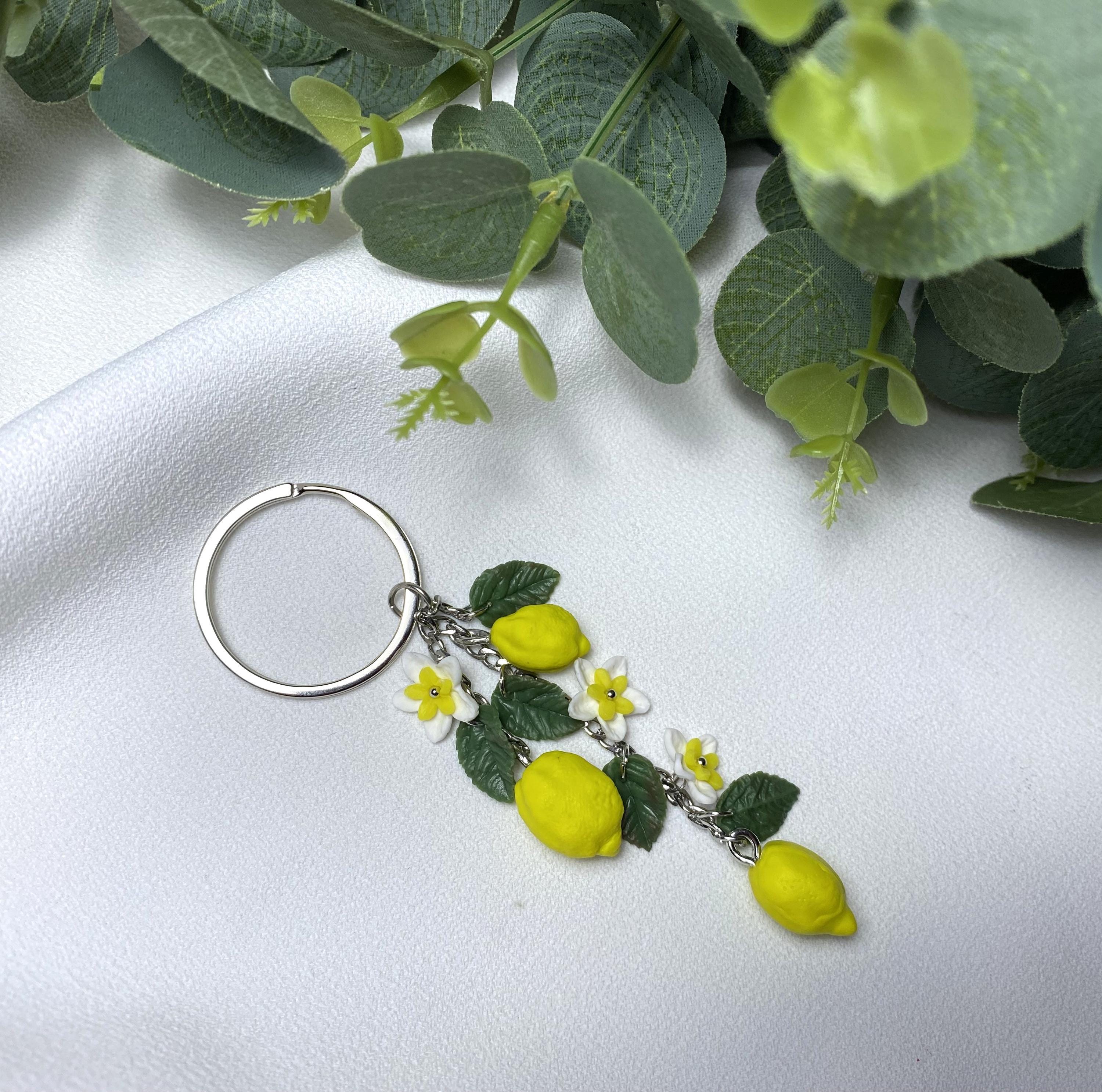 Lemon Keychain Polymer Clay, Handmade Citrus Fruit Key Ring With ...