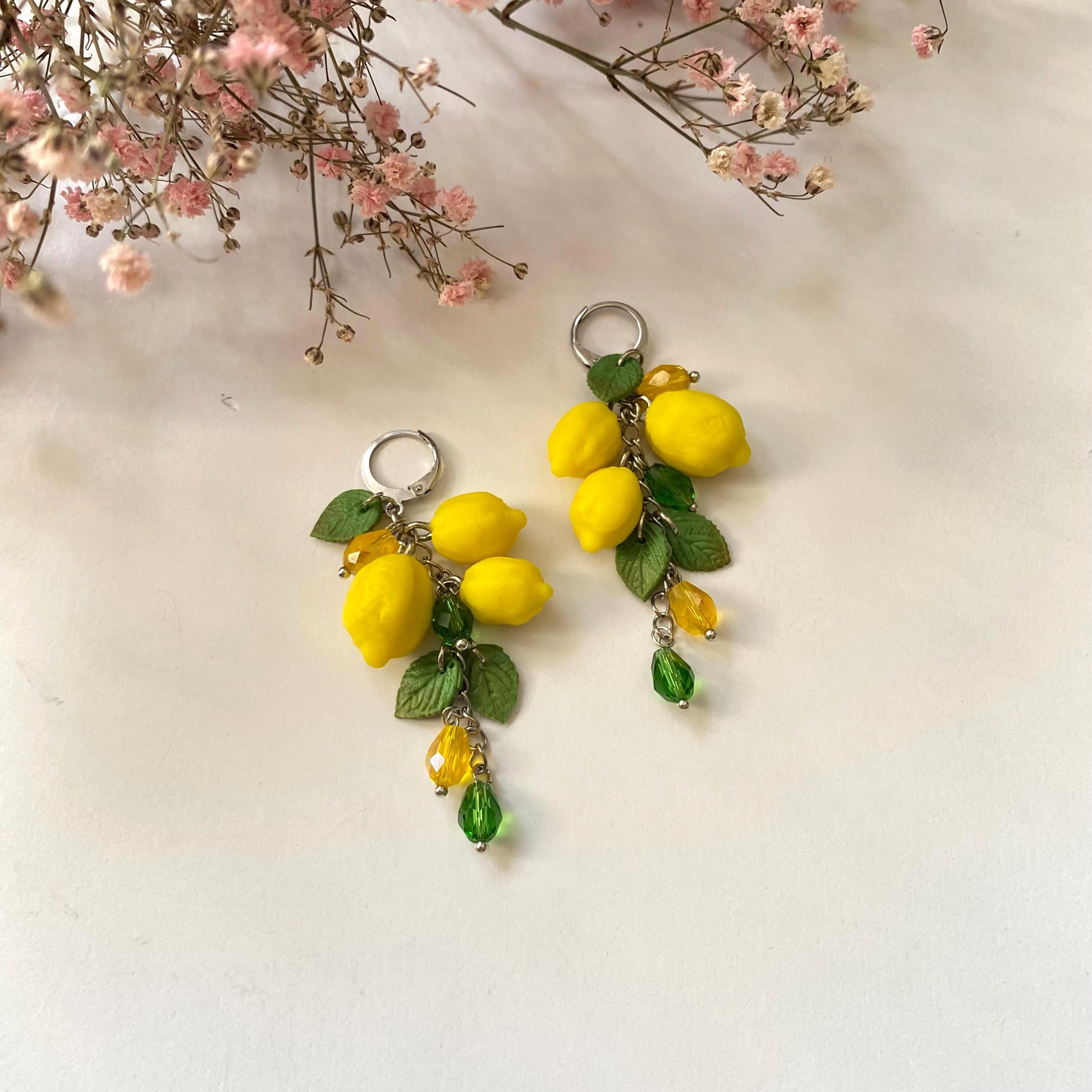 Lemon Jewelry Set Polymer Clay Necklace Bracelet Earrings Summer Fruit ...