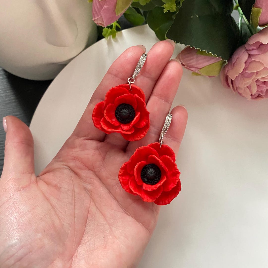 Poppy Dangle Earrings Red Flowers Handmade Polymer Clay Hypoallergenic ...