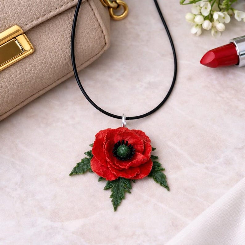 Red Poppy Necklace Statement Jewelry Art Deco Floral Pendant Botanical ...