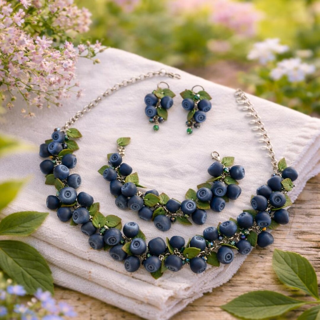 Blueberry Jewelry Set Polymer Clay Necklace Dangle Earrings Bracelet ...