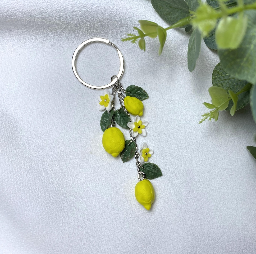 Lemon Keychain Polymer Clay, Handmade Citrus Fruit Key Ring With ...