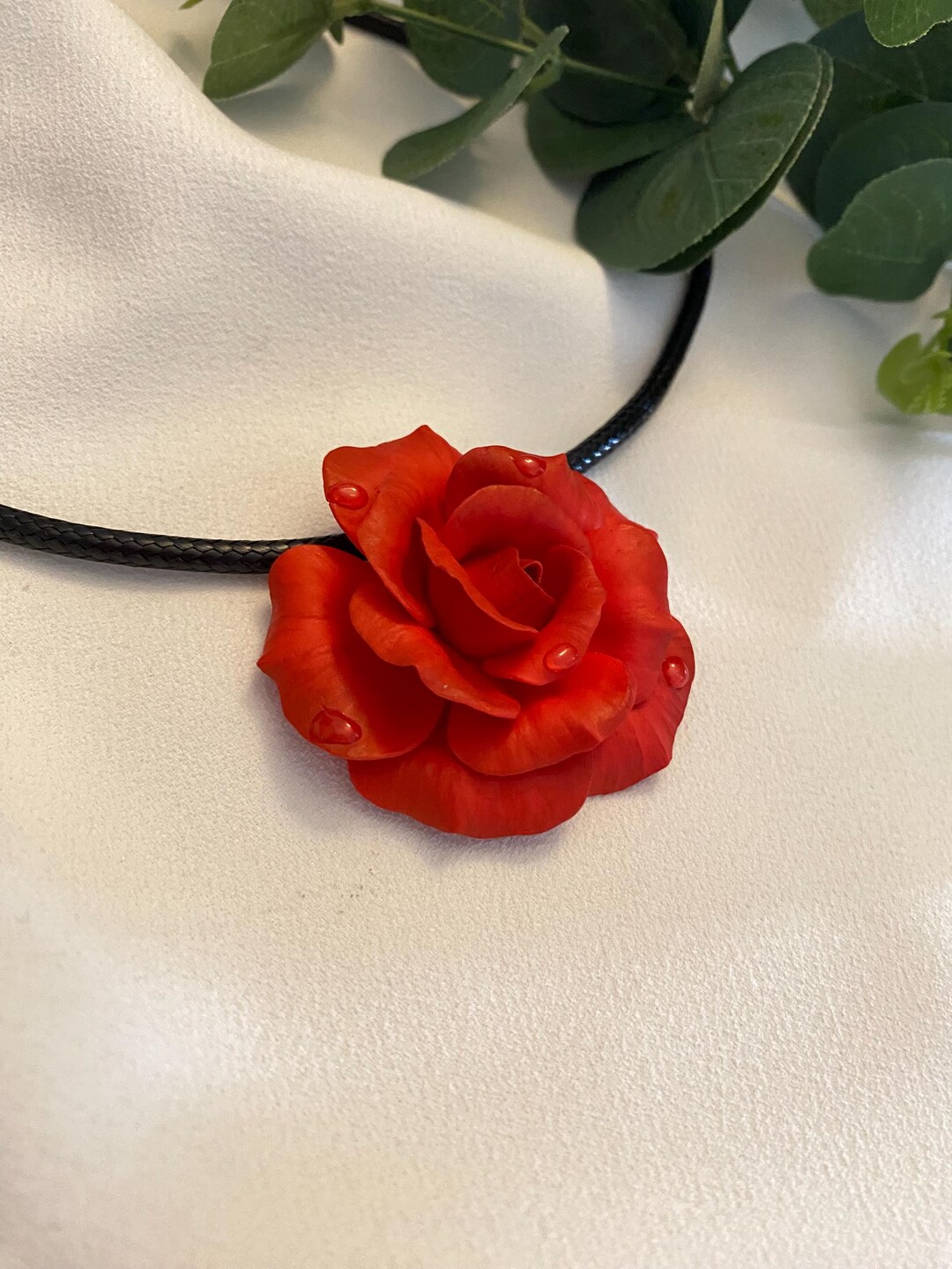 Realistic Red Rose Pendant, Handmade Polymer Clay Floral Necklace ...