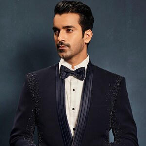 Navy Blue Hand Embroidered Tuxedo, Crystal and Sequin Embroidered Prom ...