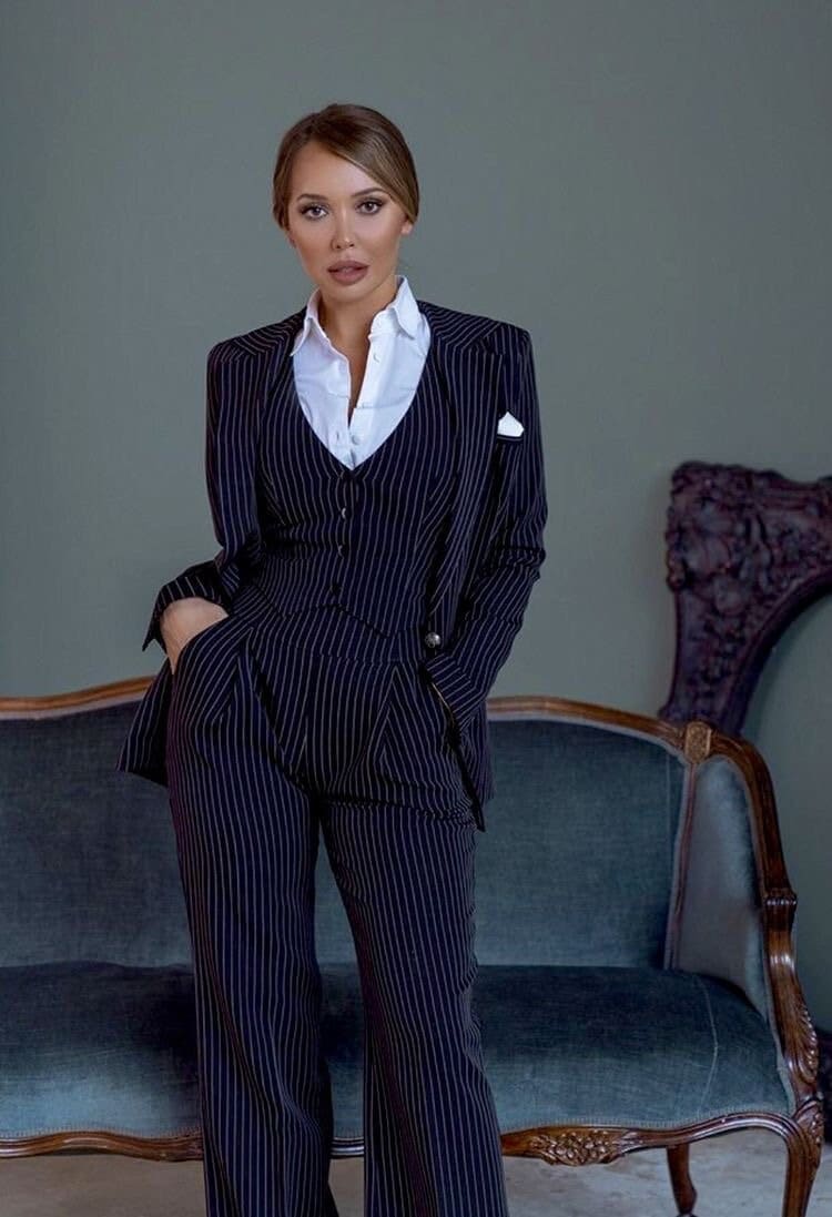 Blue Women Three Piece Suit, Navy Blue Pin Stripe 3 Piece Suit for ...