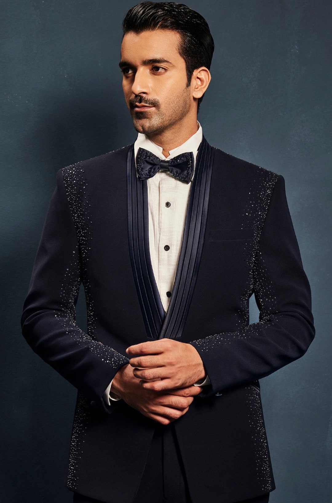 Navy Blue Hand Embroidered Tuxedo, Crystal and Sequin Embroidered Prom ...