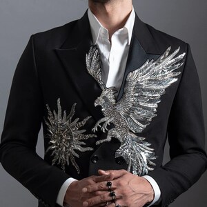 Black and Silver Crystal Embroidered Dragon Suit for Men, Red Carpet ...