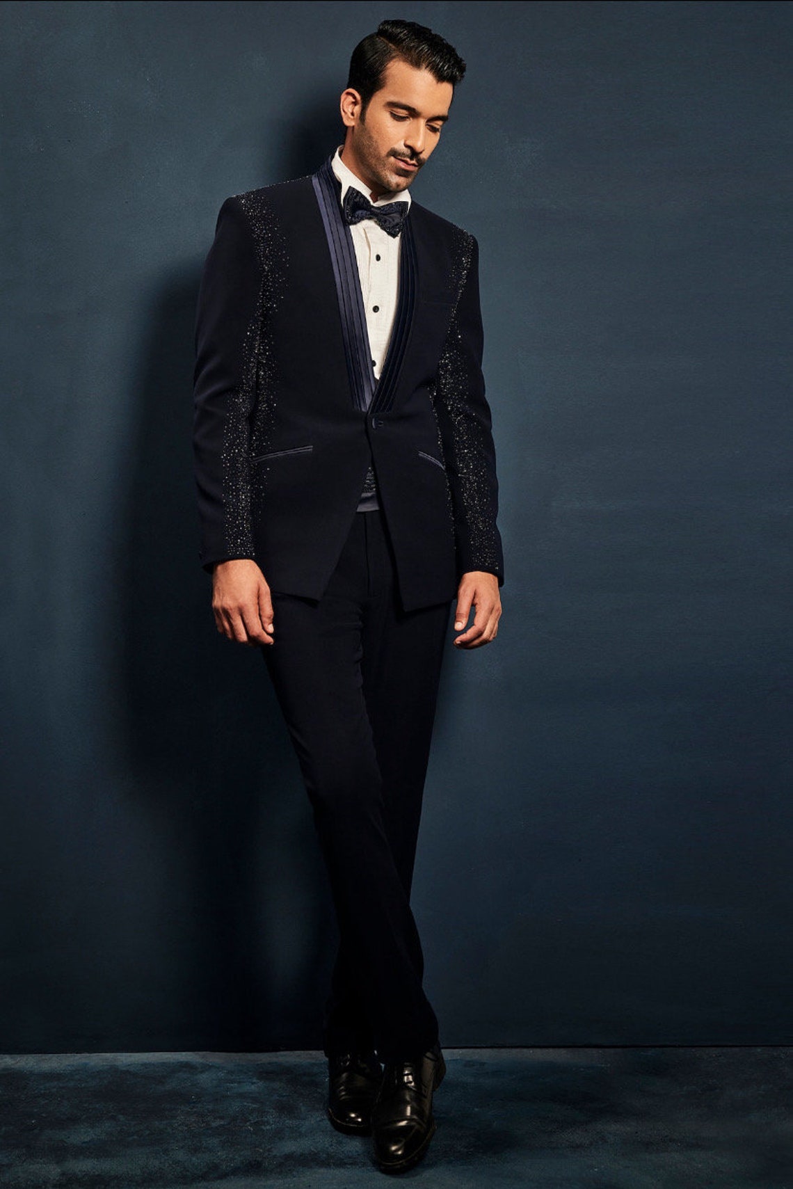 Navy Blue Hand Embroidered Tuxedo, Crystal and Sequin Embroidered Prom ...