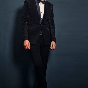 Navy Blue Hand Embroidered Tuxedo, Crystal and Sequin Embroidered Prom ...