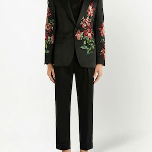 Black Floral Embroidered Tuxedo Jacket - Etsy