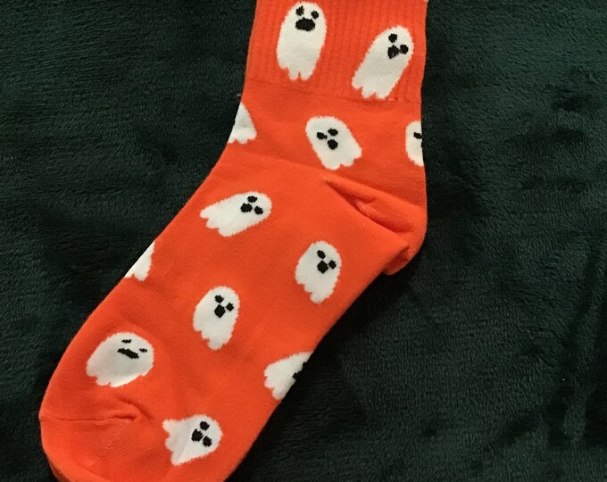Ladies Ghost Pattern Socks, Orange Ghost Socks, Ankle Socks, Halloween ...