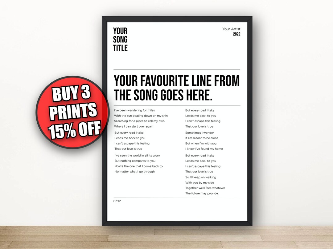 Custom Song Lyrics Print, Song Lyrics Wall Art, Personalised Lyrics ...