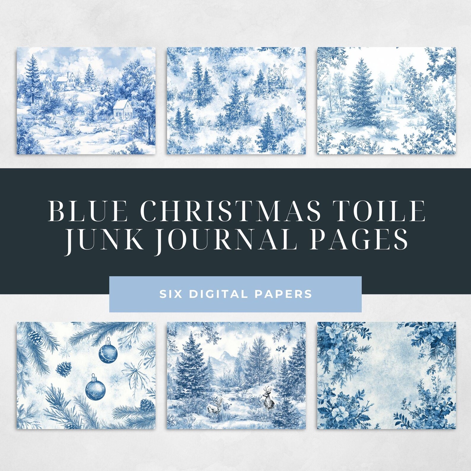 Christmas Blue Toile Junk Journal Pages, Blue Toile Digital Papers ...