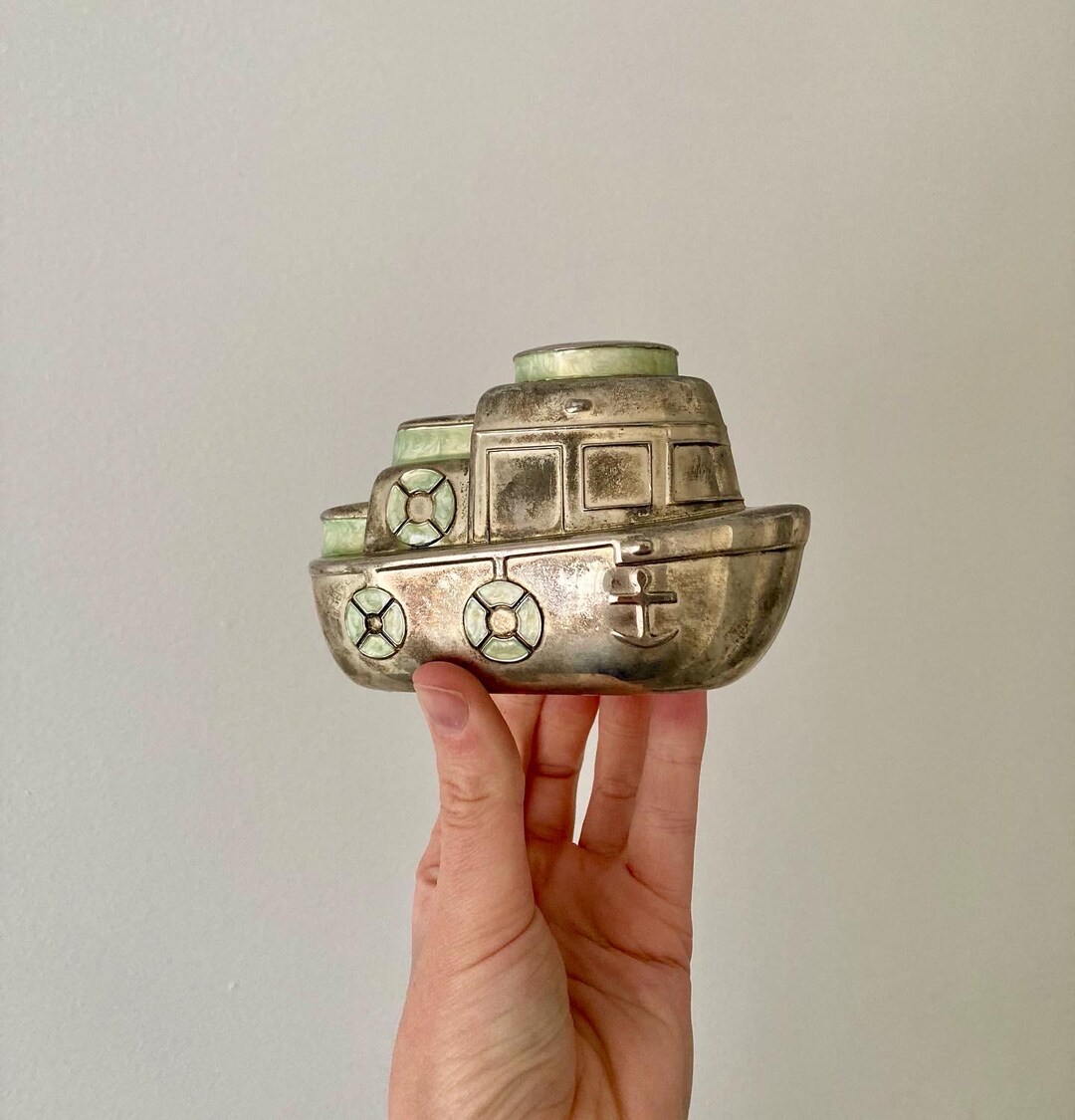 Vintage Cute Tug Boat Money Box Cast Alloy and Enamel Money Tin Piggy ...