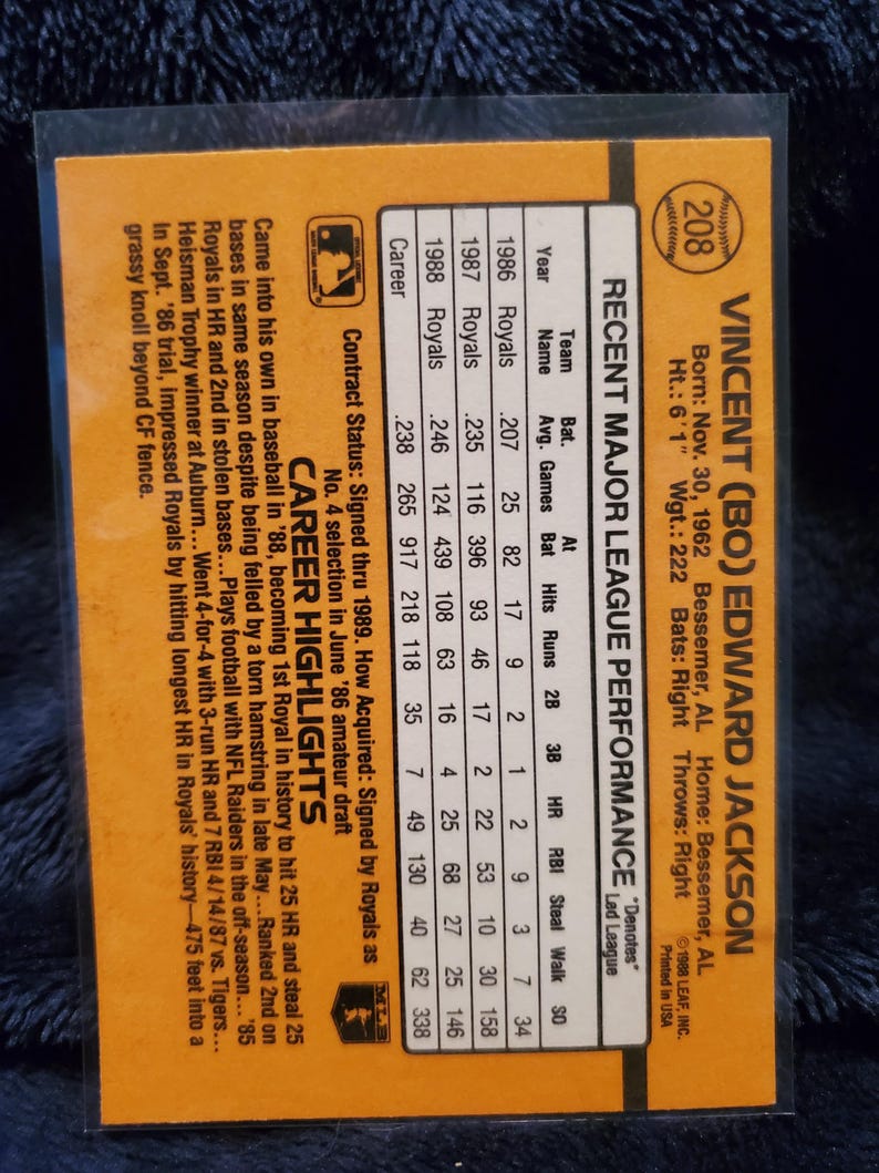 Bo Jackson Authentic Hand Signed 1989 Donruss Baseball Card Autographed ...
