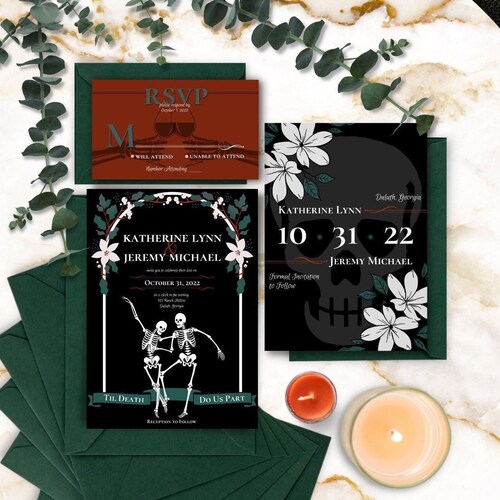 Skeleton Wedding Invitation Template Set Black and Burgundy - Etsy