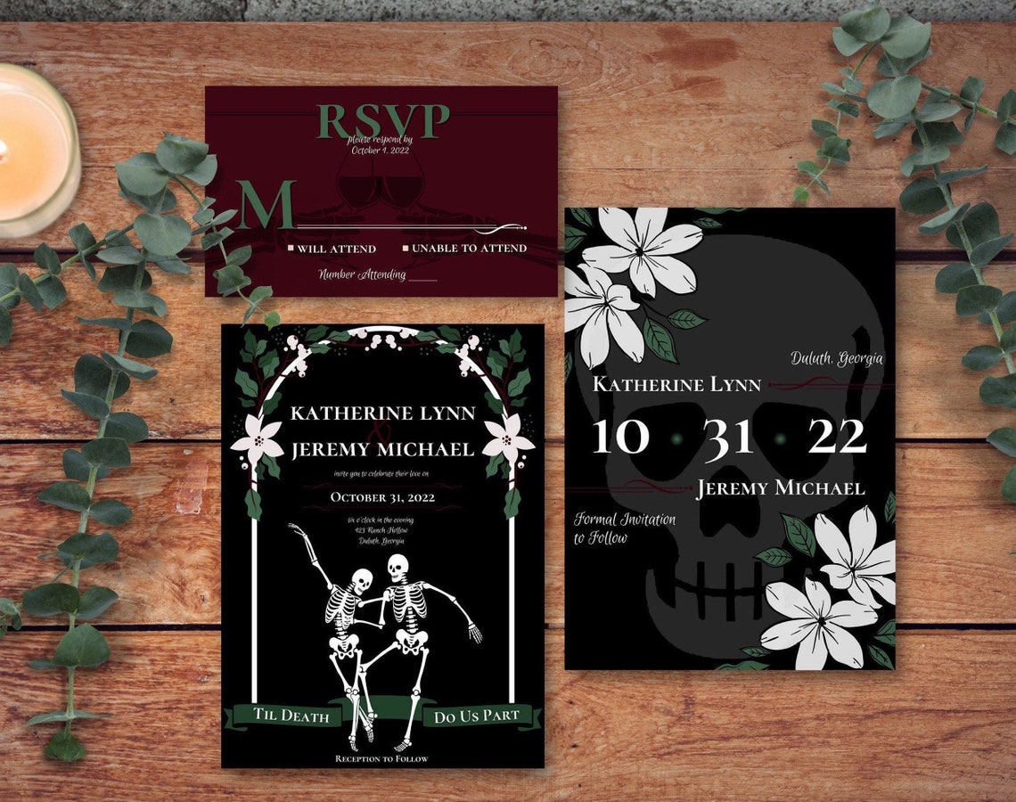 Skeleton Wedding Invitation Template Set Black and Burgundy - Etsy