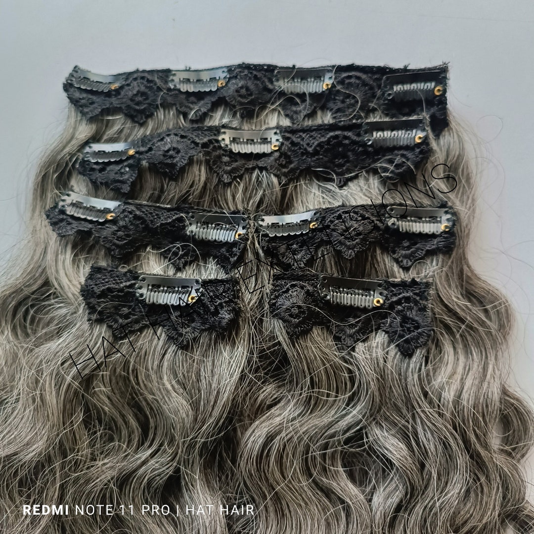 Grey Salt and Pepper Clip-in Hair Extensions, Raw Unprocessed Grey Clip-in Human Hair Extensions ...