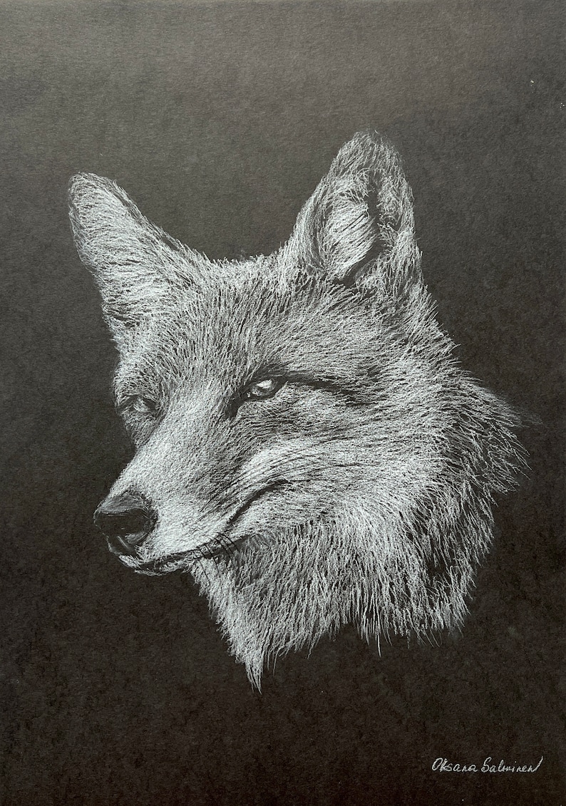 Fox, Original Drawing, Black and White, Charcoal, Artwork Interior ...