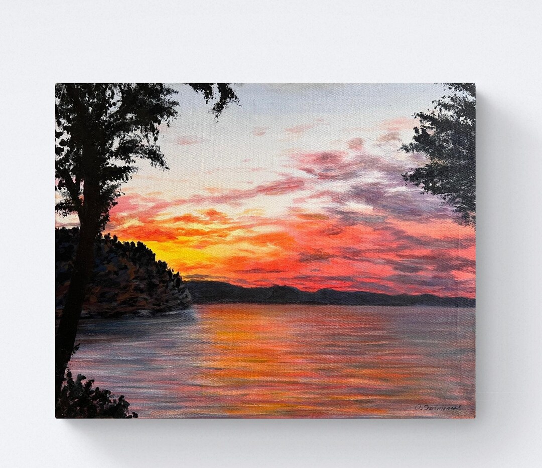 Original Acrylic Painting, Sunset at Keitele Lake, Finland, Modern Finnish Art, Wall Artwork ...