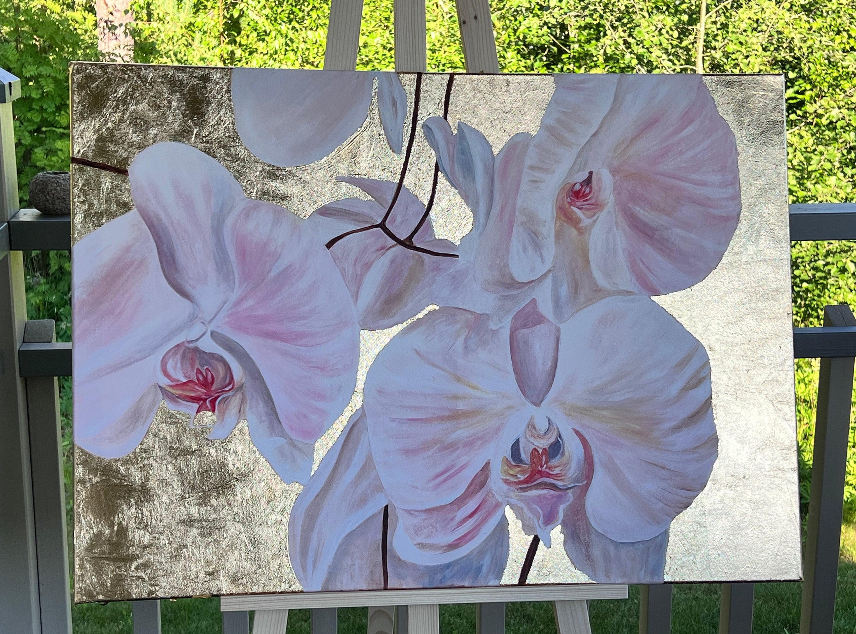 Orchids on Gold Large Original Acrylic Painting With Metallic - Etsy