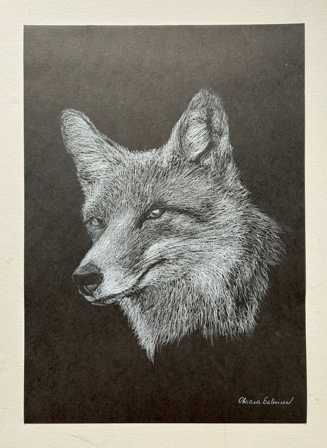 Fox Drawing: White Charcoal Art on Black Paper - Etsy UK