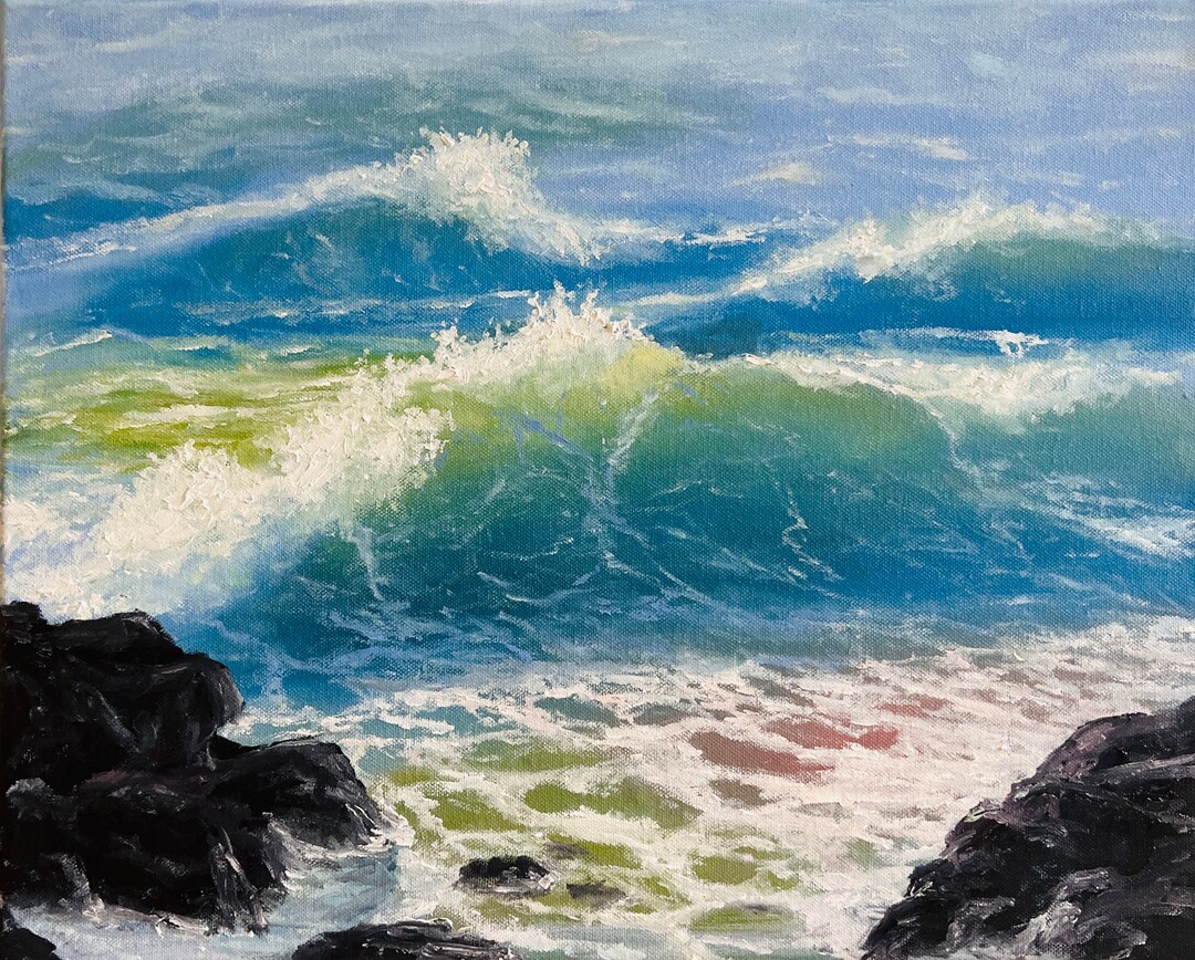 Waves and Rocks, Original Oil Painting on Canvas, Seascape, Wave ...
