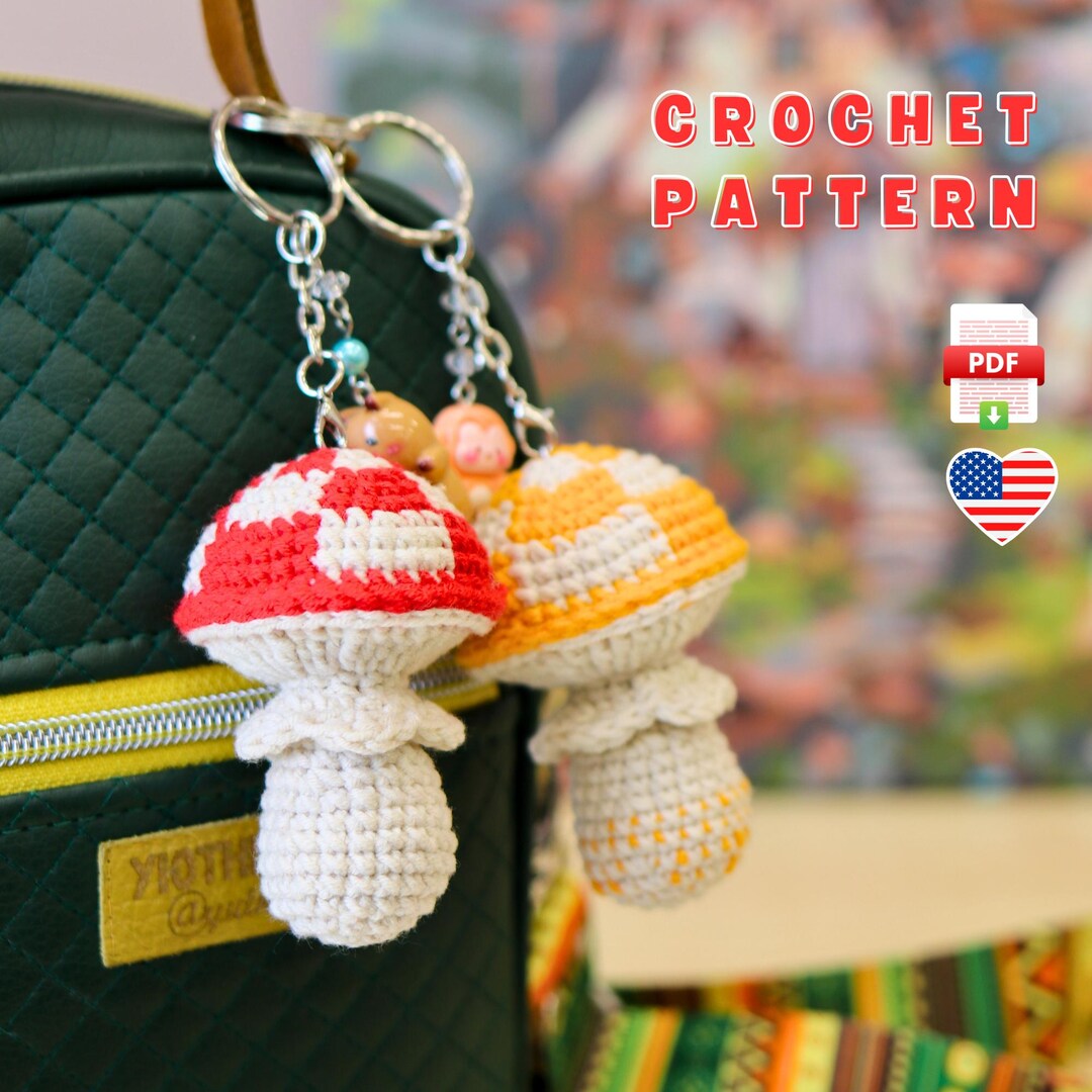Checkered Mushroom Keychain Crochet Pattern – No Sew Amigurumi Bag ...