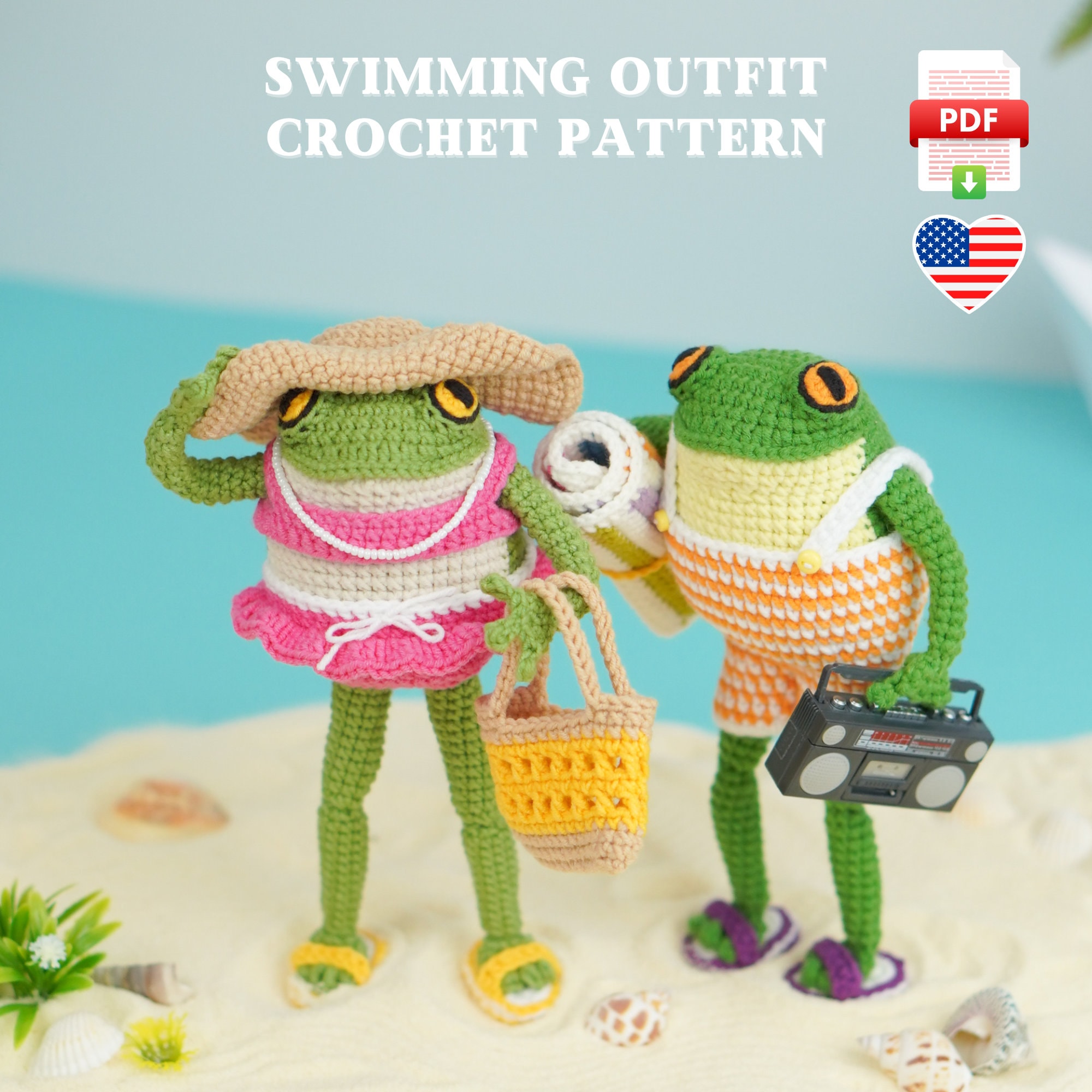 Swimming outfits for the frogs, PDF crochet pattern, bikini, beach, summer - Fullamigurumi