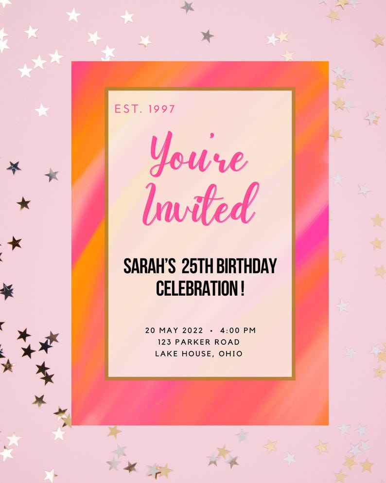 Editable Pink and Orange Invitation, Let's Brunch, Summer, Birthday ...