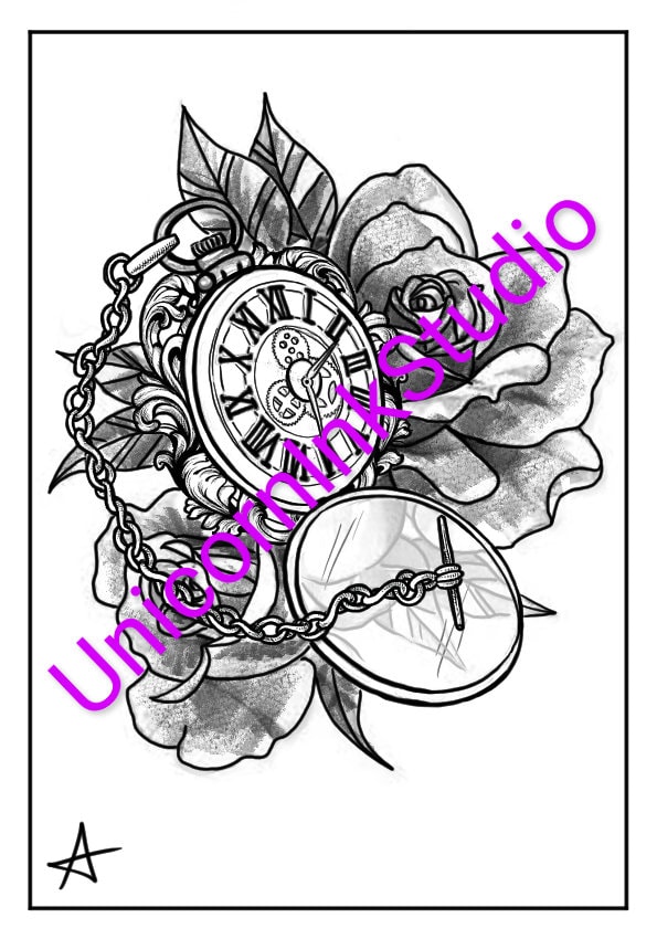 Pocket Watch With Roses Tattoo Designs