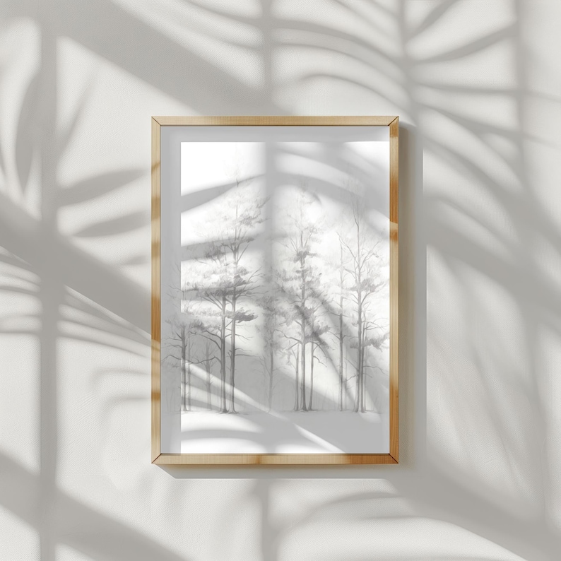 Minimalist Forest Pencil Sketch Art Print | Black and White Tree Line ...