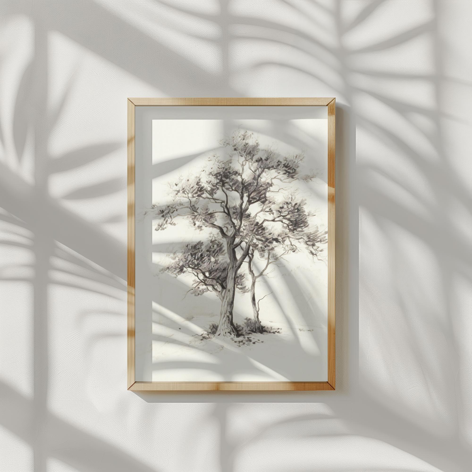 Minimalist Pencil Sketch Art Print – Hand-drawn Tree, Monochrome Nature ...