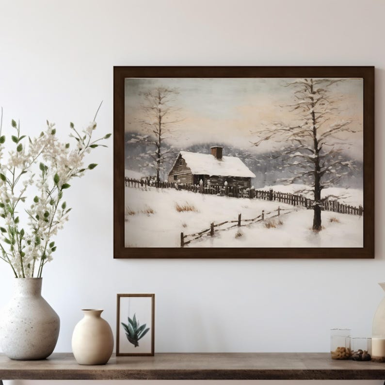 Peaceful Winter Cabin in Snowy Landscape Print | Cozy Rustic Winter ...