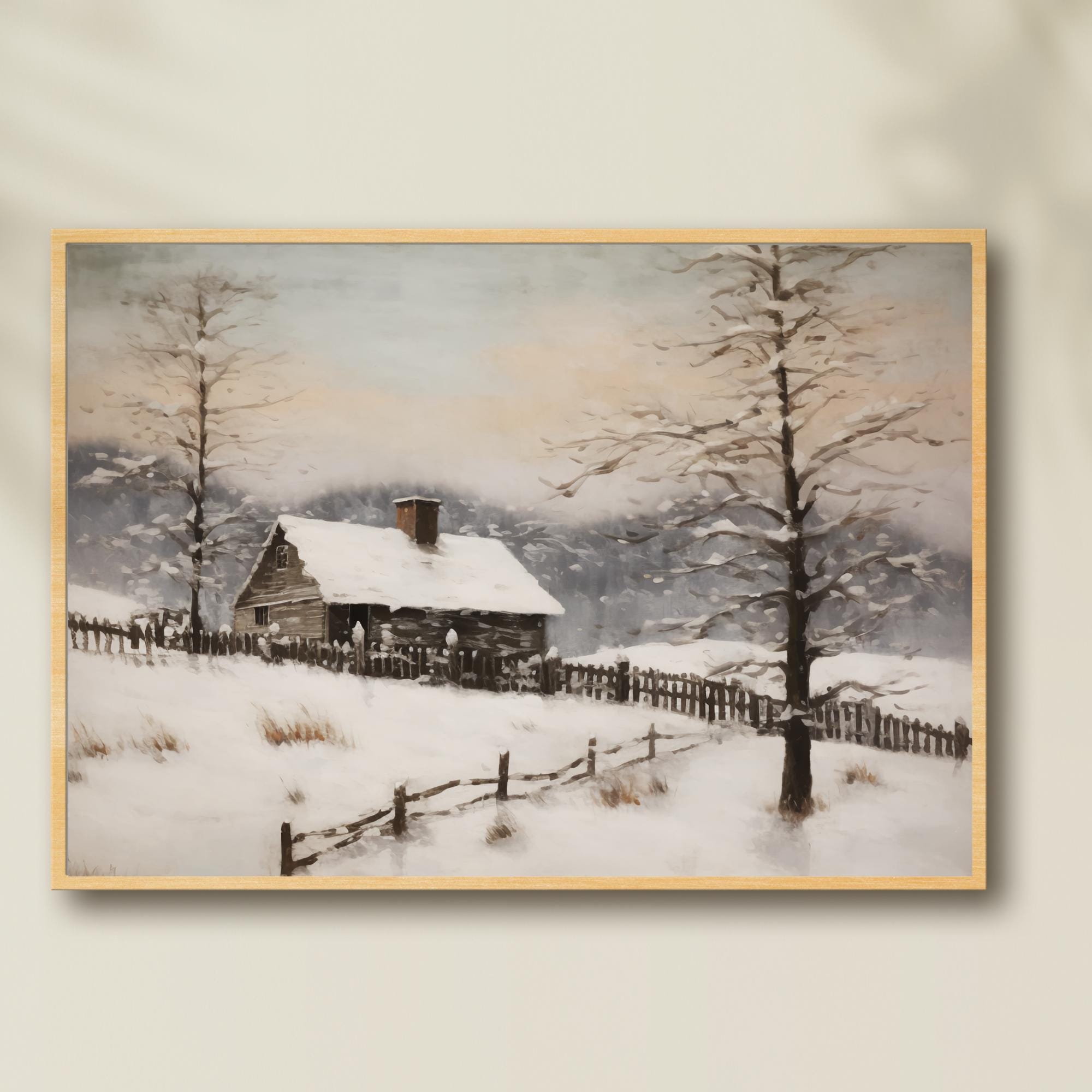 Peaceful Winter Cabin in Snowy Landscape Print | Cozy Rustic Winter ...