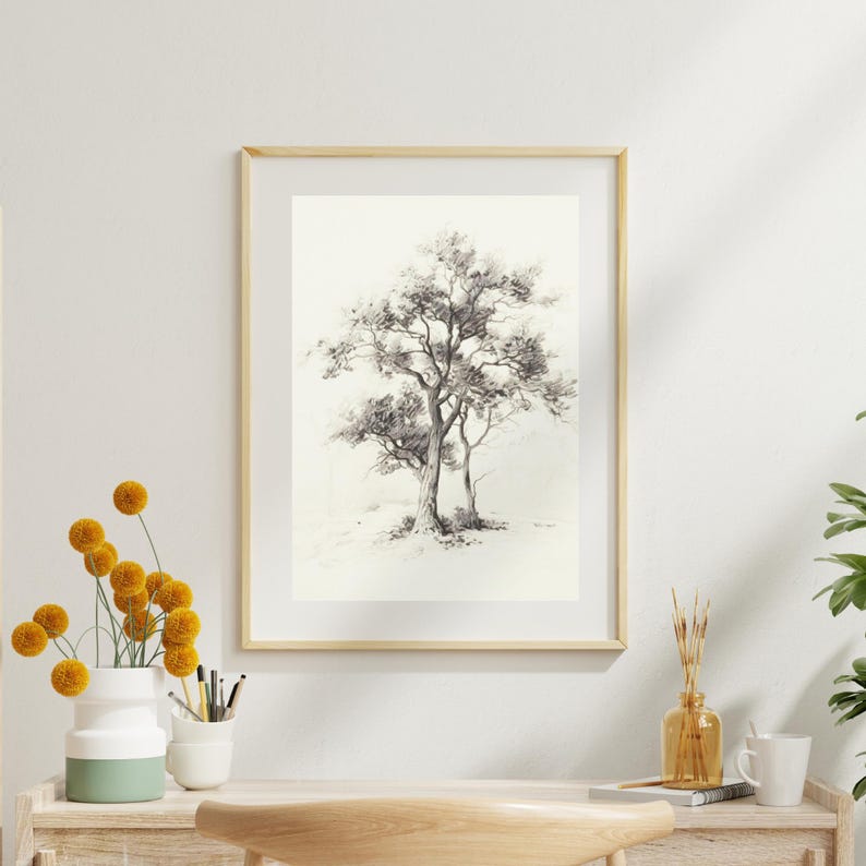 Minimalist Pencil Sketch Art Print – Hand-drawn Tree, Monochrome Nature ...