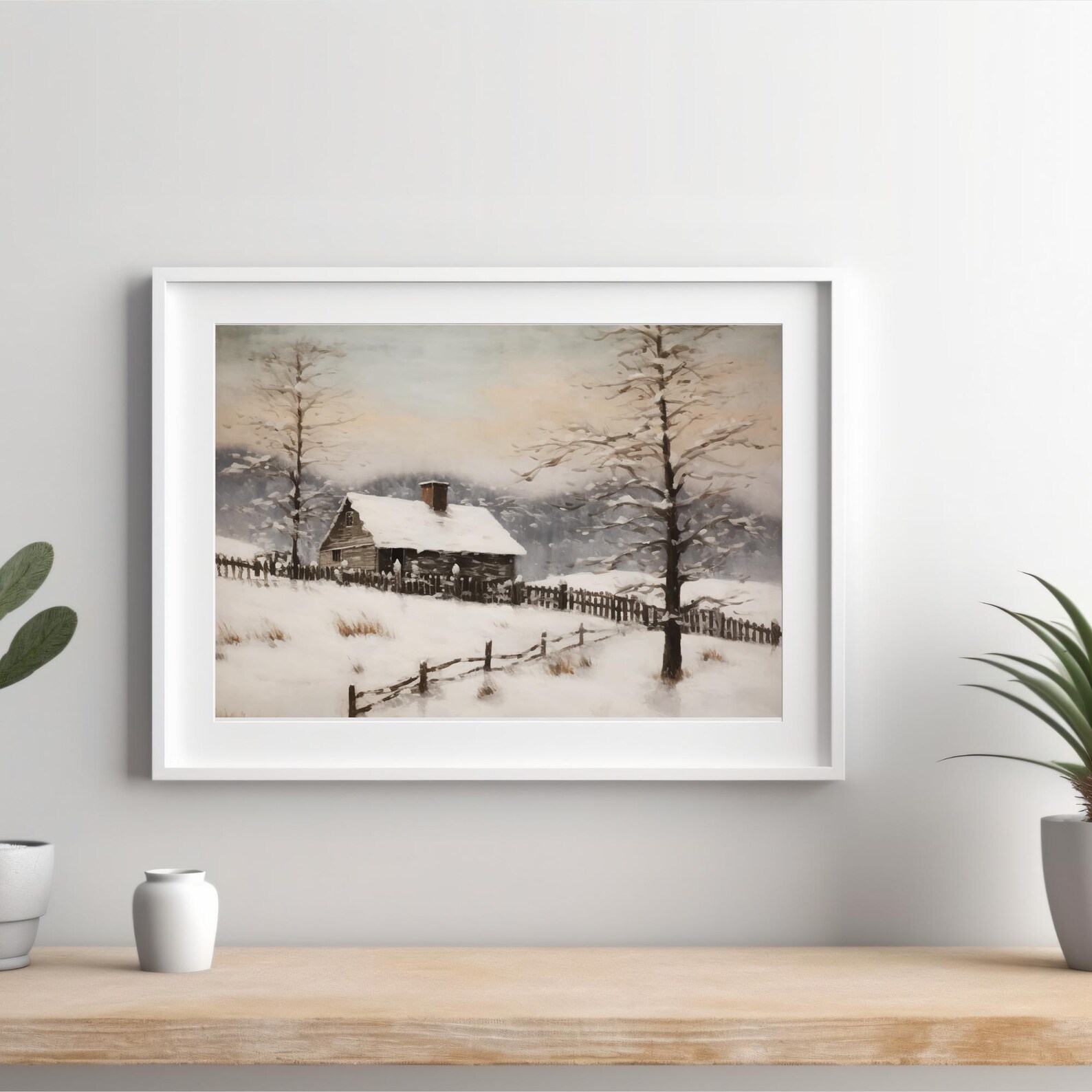 Peaceful Winter Cabin in Snowy Landscape Print | Cozy Rustic Winter ...