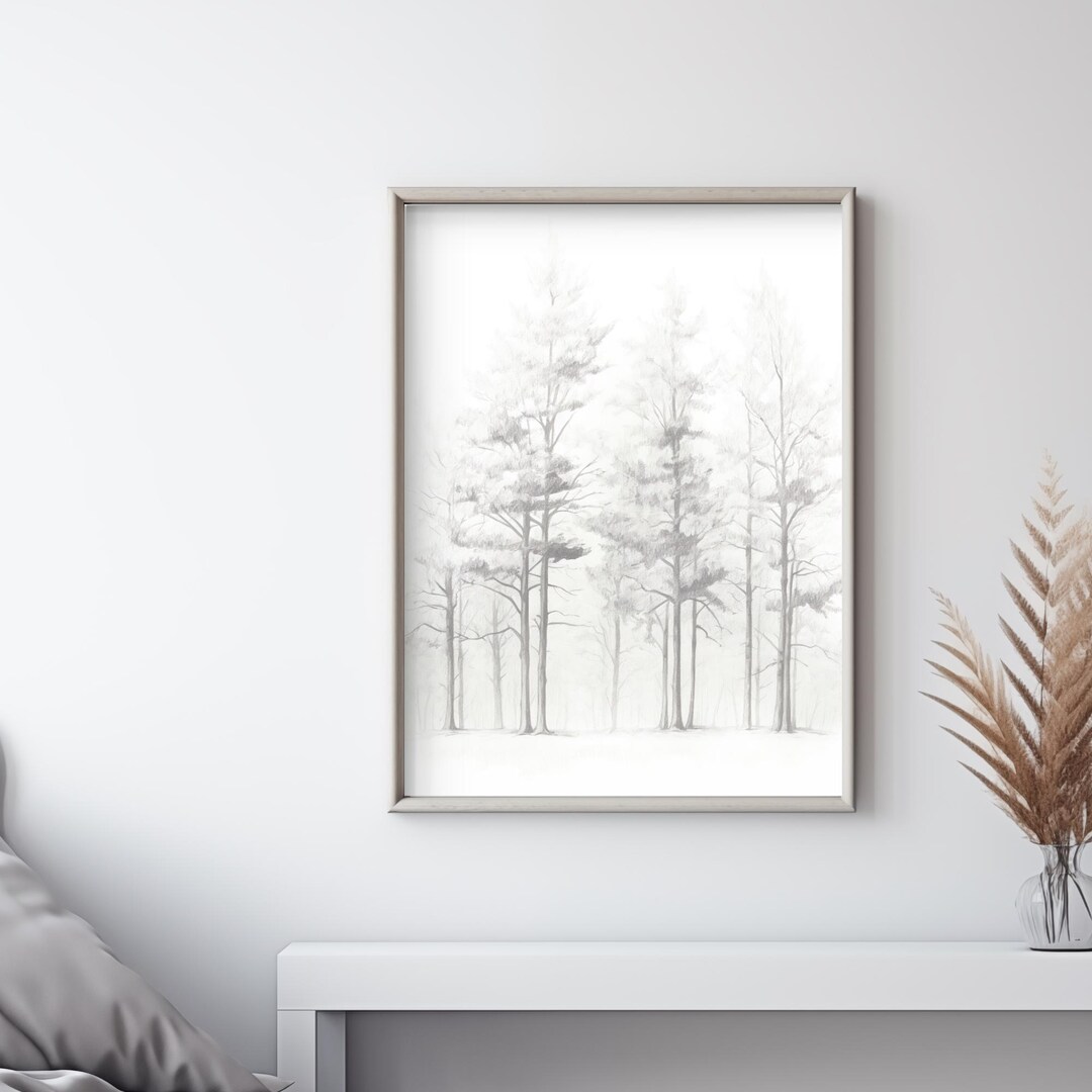 Minimalist Forest Pencil Sketch Art Print | Black and White Tree Line ...
