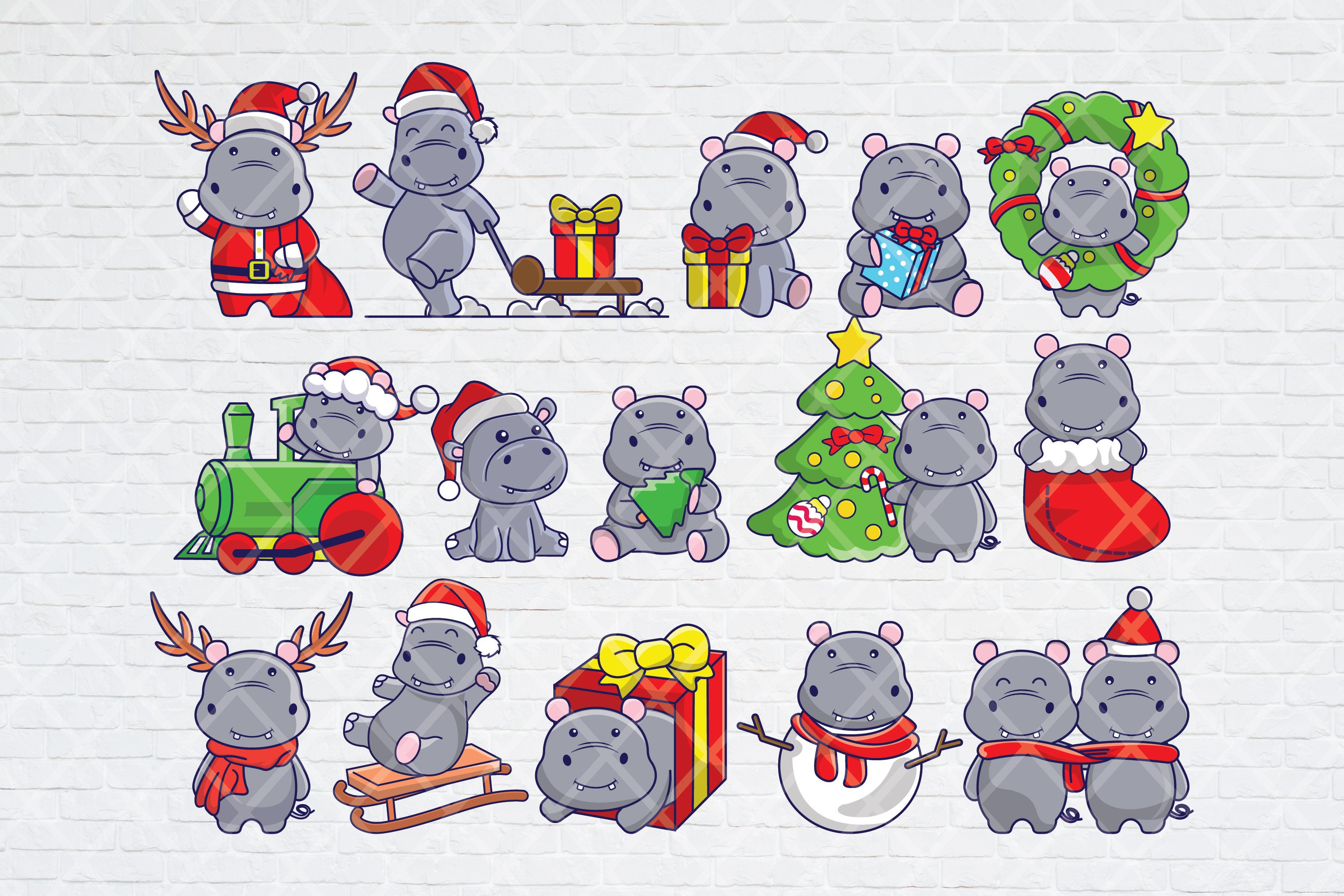 Cute Hippo Hippopotamus Christmas SVG PNG Bundle: Chibi Hippo With ...